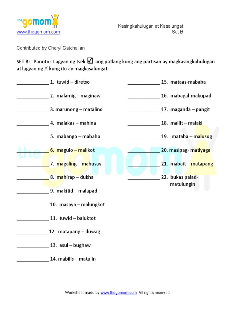 Kasingkahulugan at Kasalungat Set B: Worksheet Made by - All Rights ...