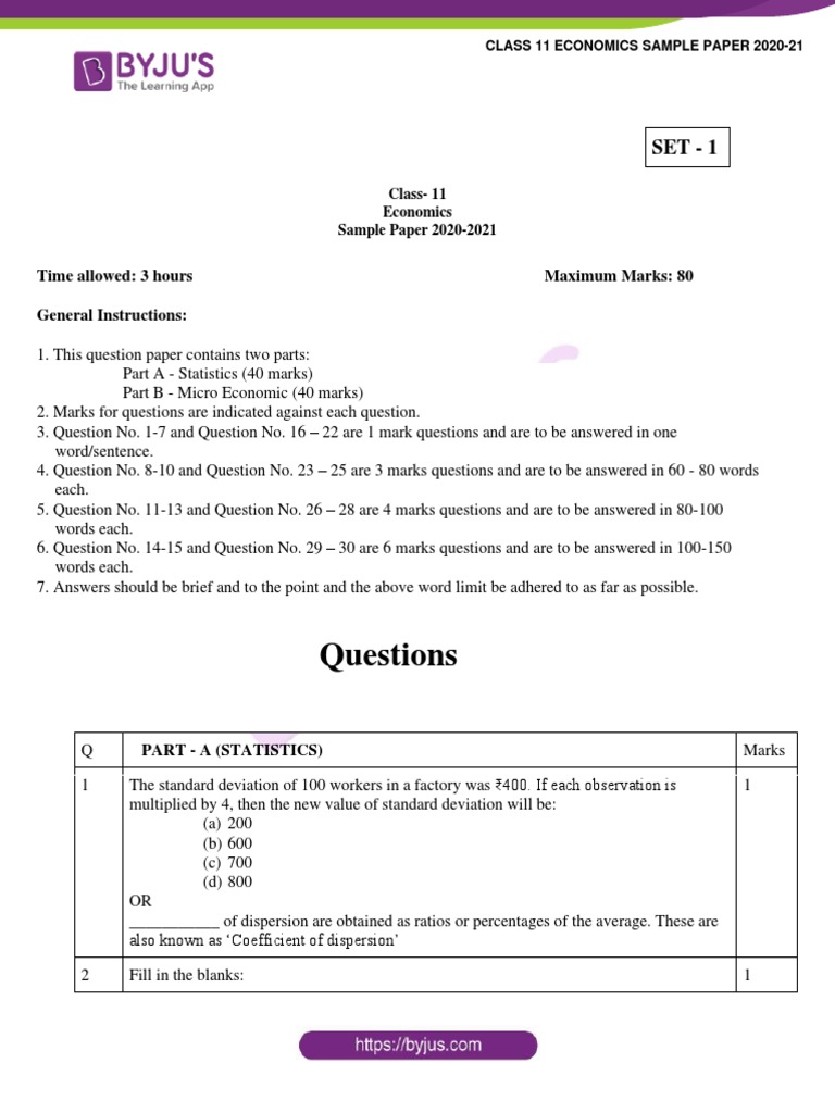 Class 11 Economics Sample Paper With Solutions Set 1 2020 2021 | PDF ...