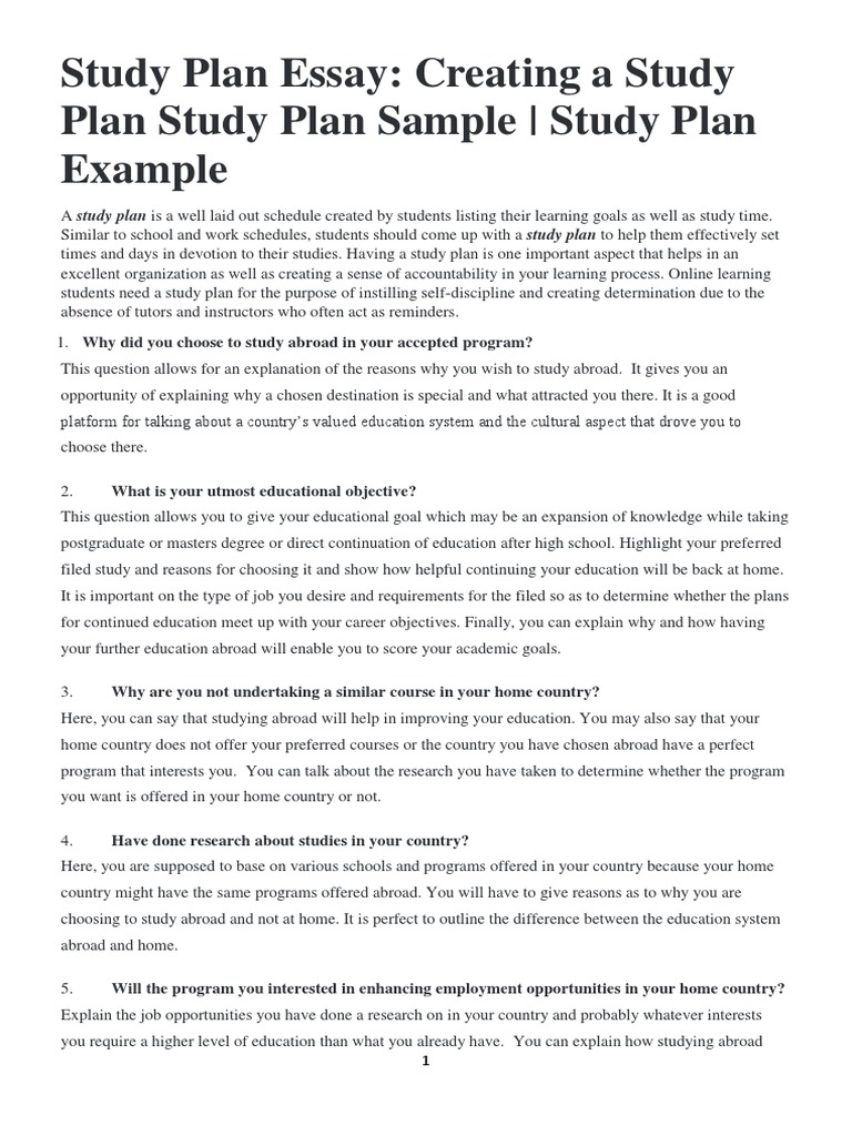 Study Plan Essay: Creating A Study Plan Study Plan Sample - Study Plan ...