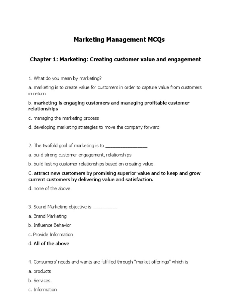 Marketing Management MCQS: Chapter 1: Marketing: Creating Customer ...