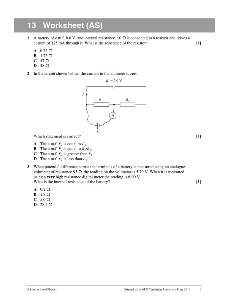 13 Worksheet (AS) : AS and A Level Physics Original Material ...