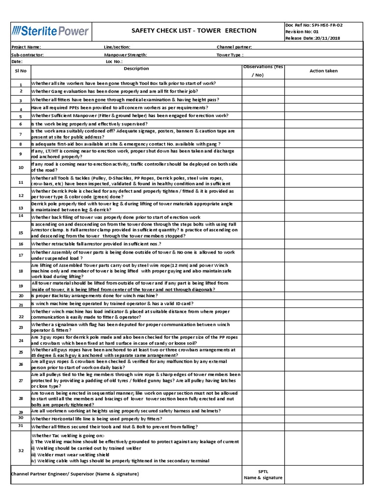 SPI HSE FR 02 Tower Erection Checklist | PDF | Rope | Manufactured Goods