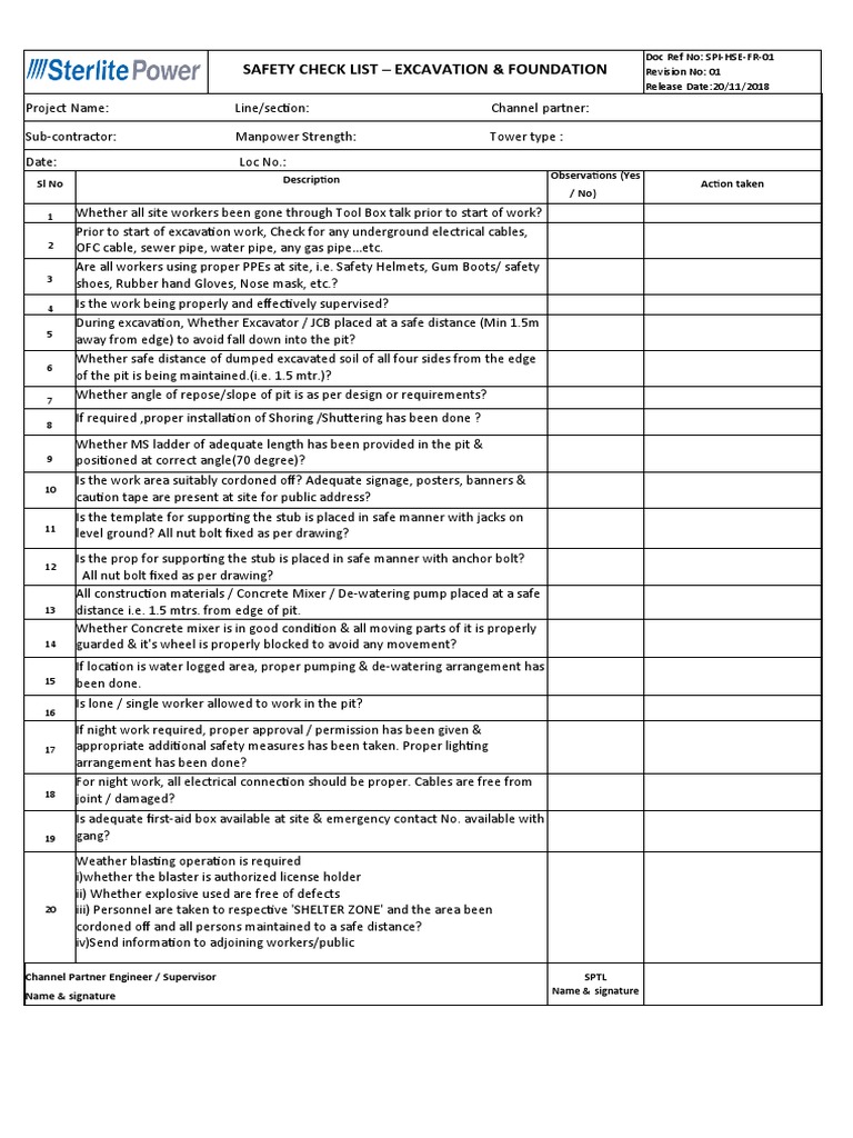 SPI HSE FR 01 Foundation Checklist | PDF | Civil Engineering
