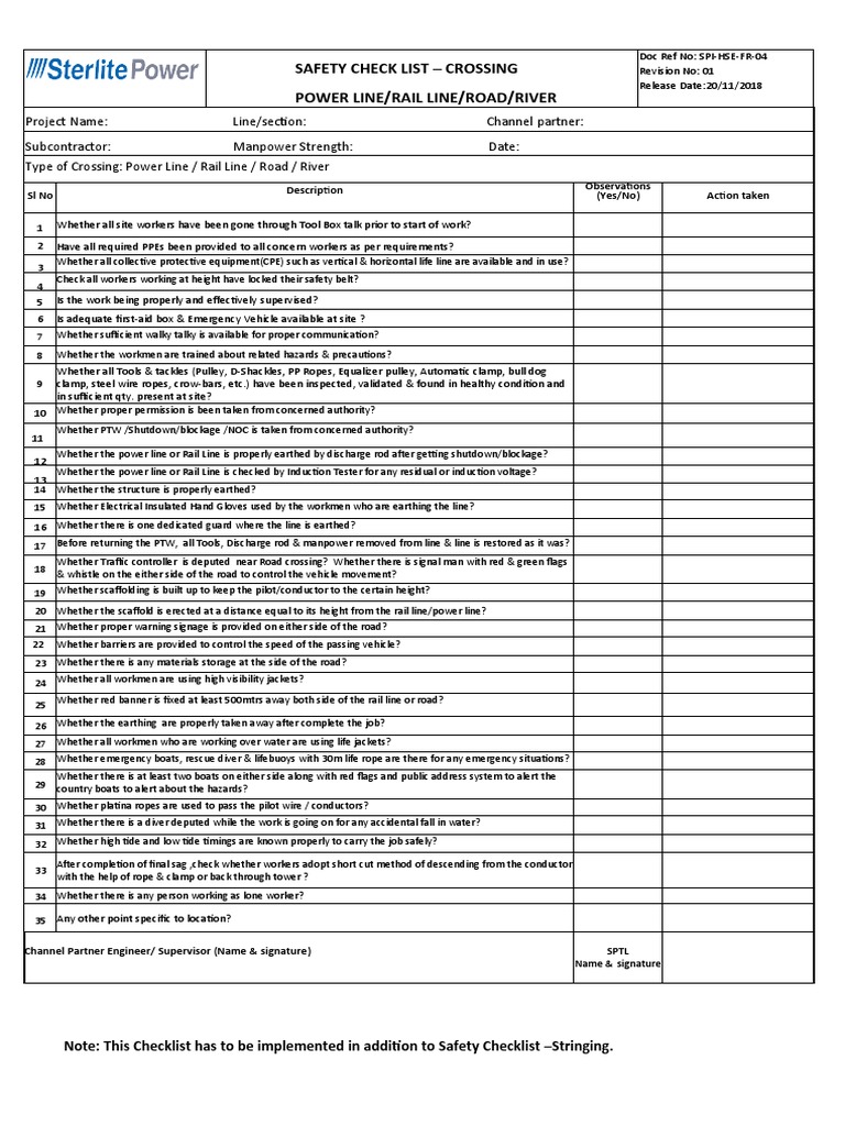 SPI HSE FR 04 Overhead Crossing Checklist | PDF | Personal Protective ...