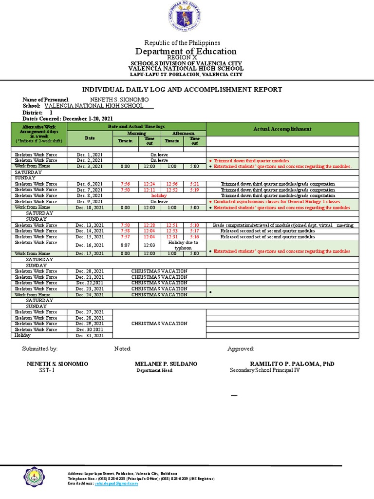 Department of Education: Individual Daily Log and Accomplishment Report ...