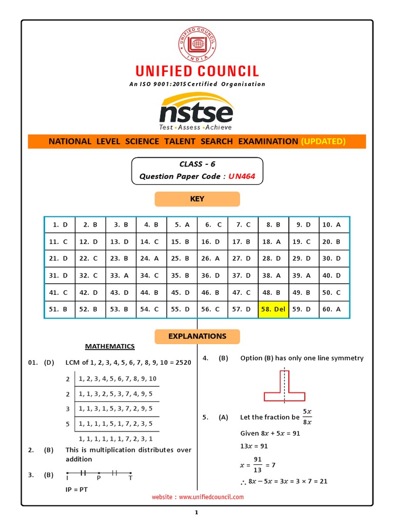 NSTSE Revised Answer Key 2021 For Class 6 QP Code UN464 | PDF | Chemistry | Materials