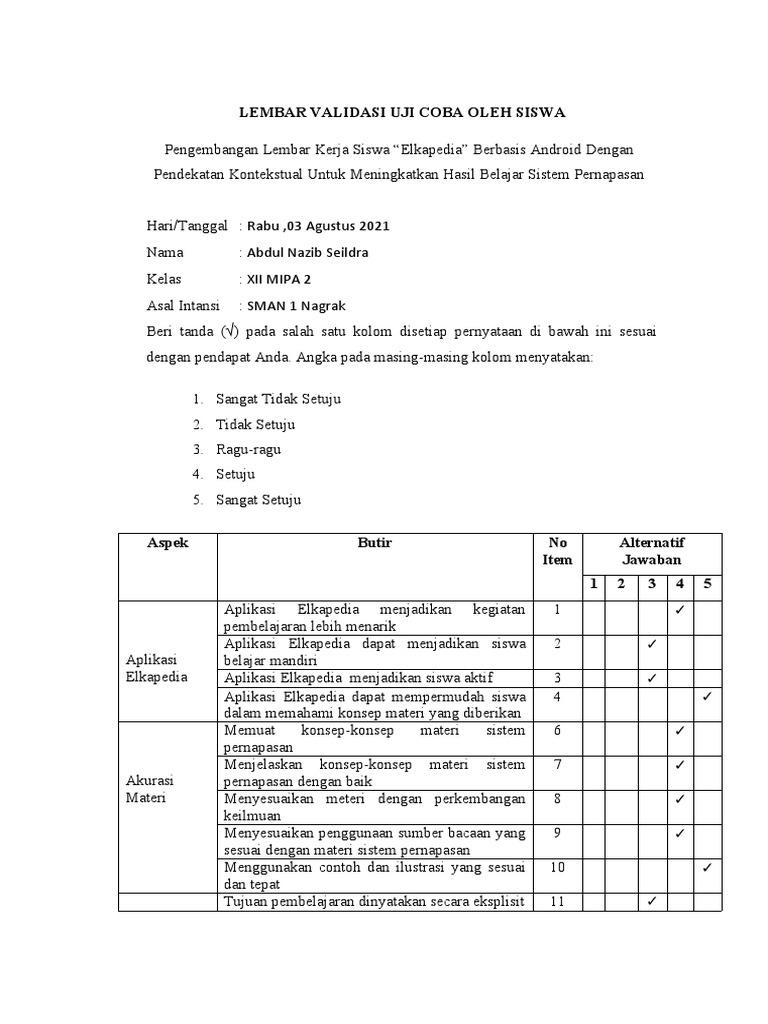 Lembar Validasi Uji Coba Oleh Siswa | PDF