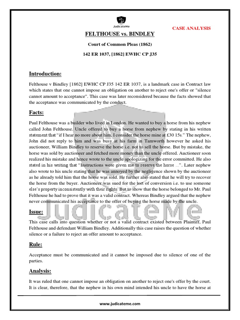 Felthouse v Bindley: Contract Law Case | PDF | Offer And Acceptance ...
