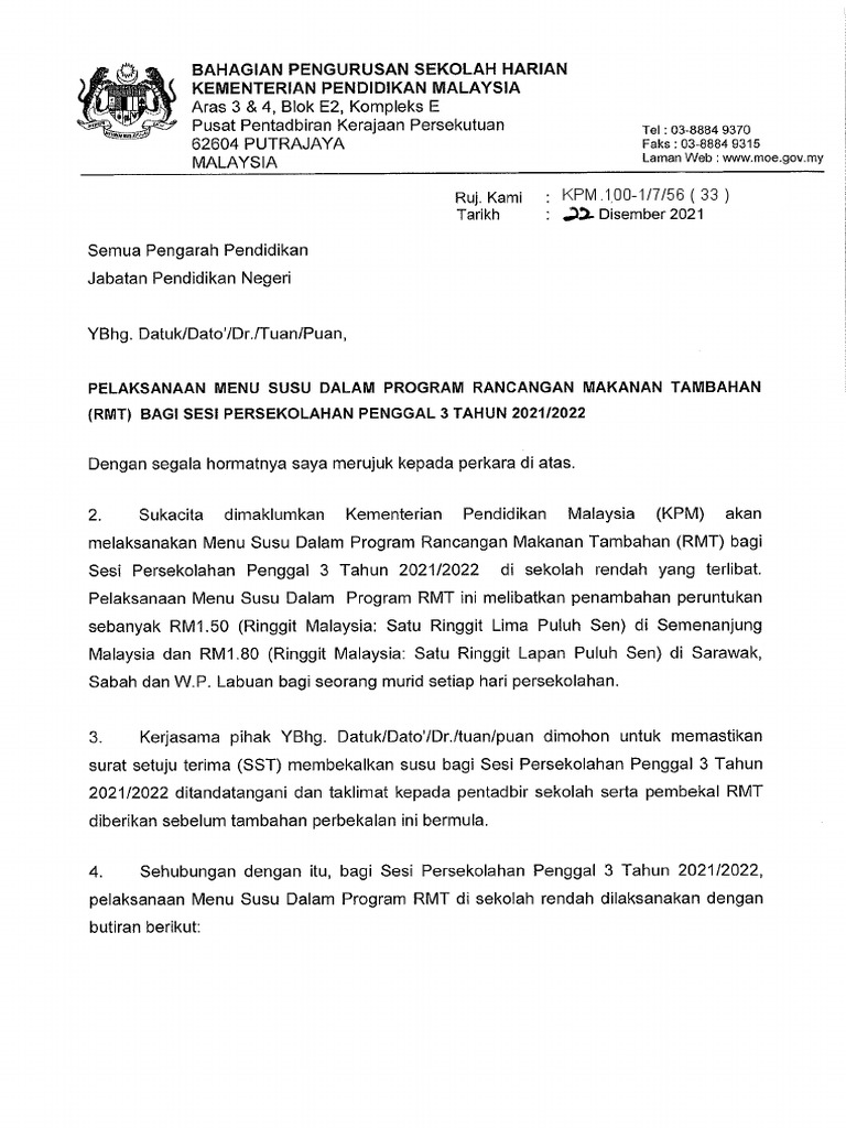 Surat Pelaksanaan Menu Susu Dalam Program Rancangan Makanan Tambahan ...