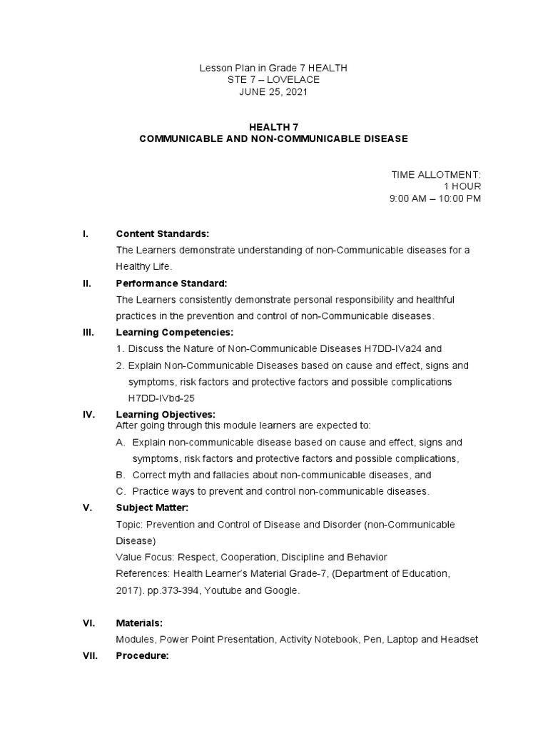 Lesson Plan in Grade 7 HEALTH | PDF | Non Communicable Disease | Health ...
