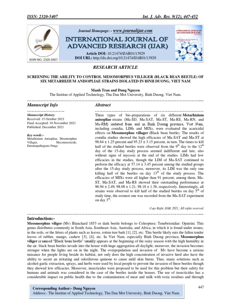 Screening The Ability To Control Mesomorphus Villiger (Black Bean ...