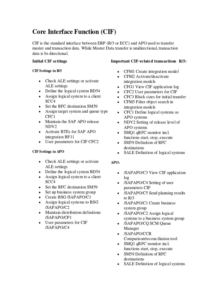 Core Interface Function (CIF) : Initial CIF Settings Important CIF-related Transactions R/3 ...