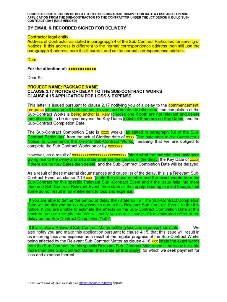 2.17 Notice To Contractor JCT D&B Sub-Con 2016 Proforma | PDF ...