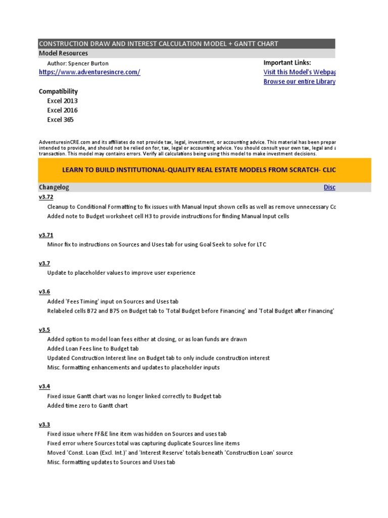 Construction Draw and Interest Calculation Model With Gantt Original v3 ...