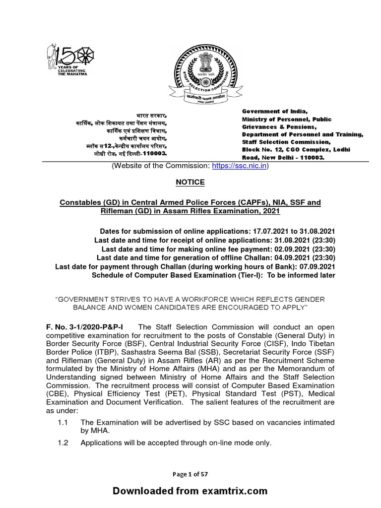 SSC Constable GD Recruitment 2021 Notification | PDF