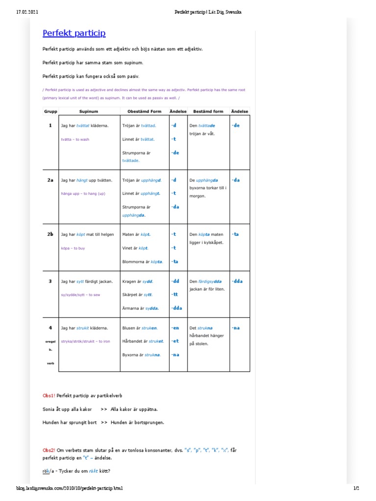 Perfekt Particip - Lär Dig Svenska | PDF