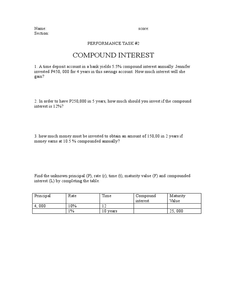 Performance Task 2 Compound Interest | PDF | Interest | Compound Interest