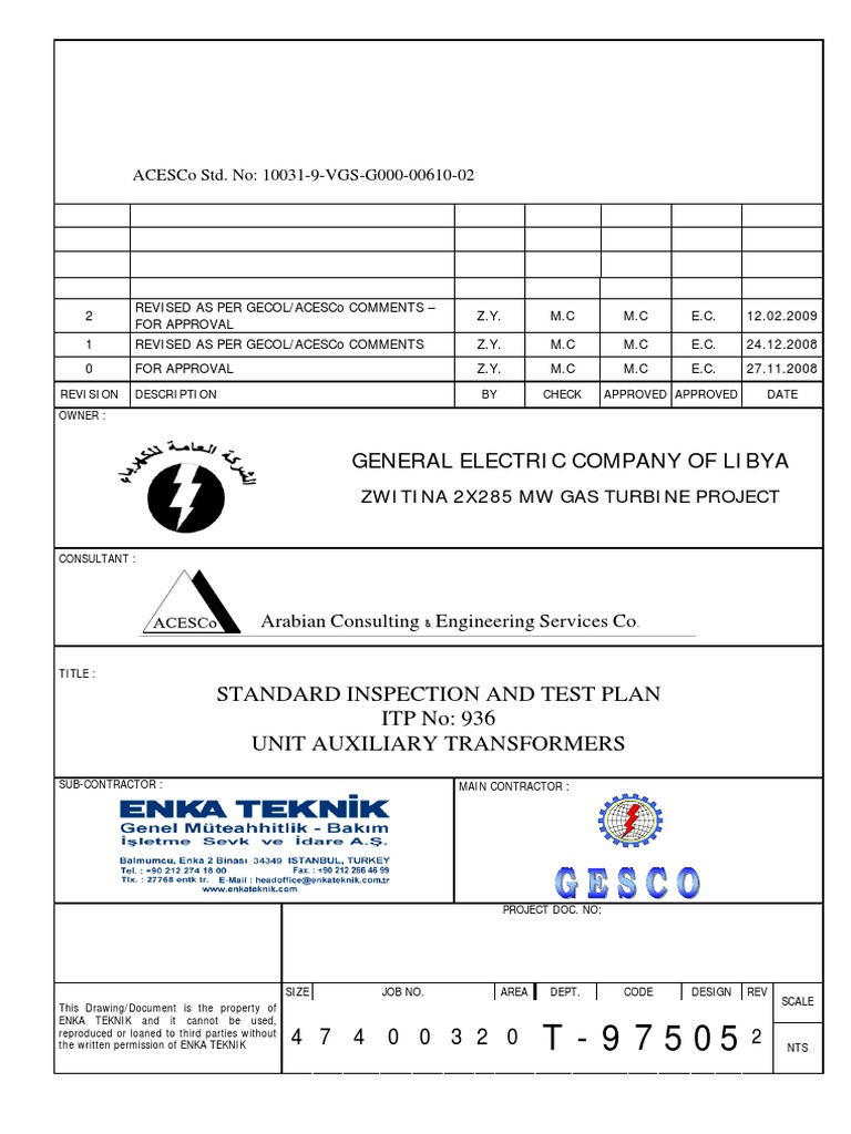 Standard Inspection and Test Plan ITP No: 936 Unit Auxiliary ...