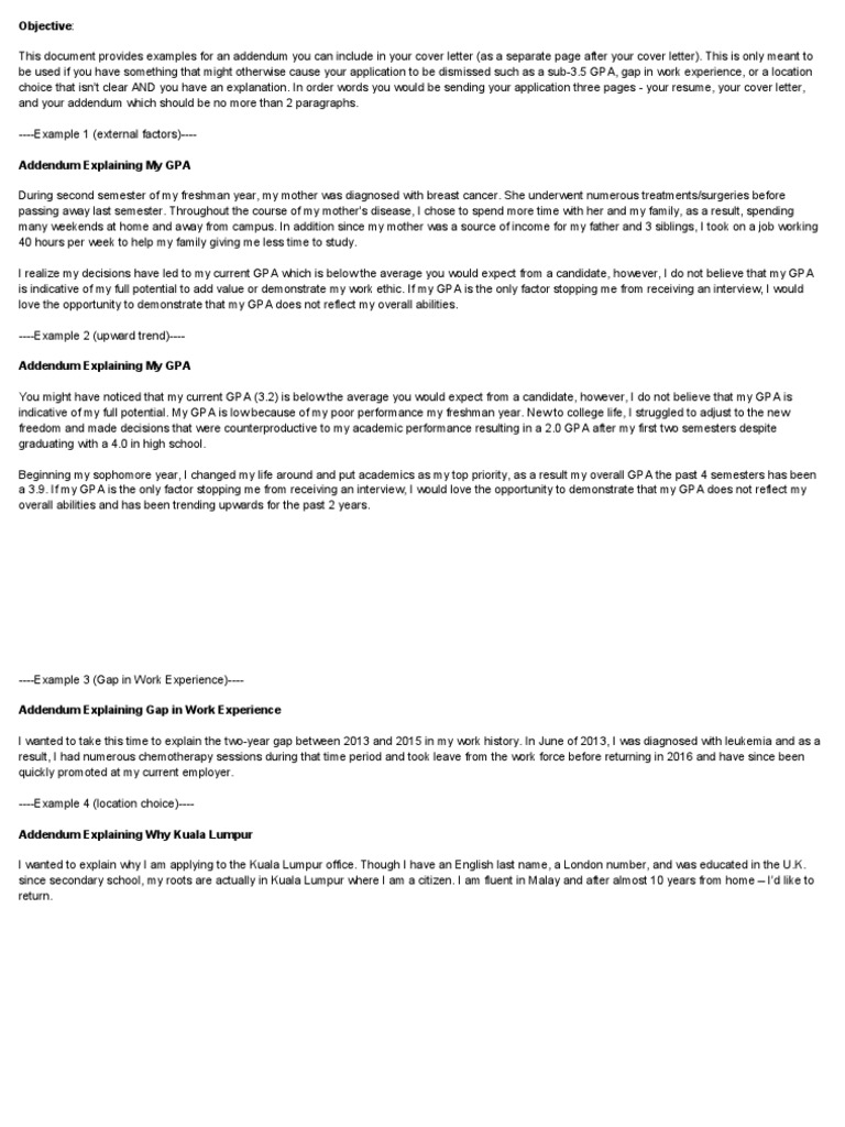 Addendum To Cover Letter | PDF