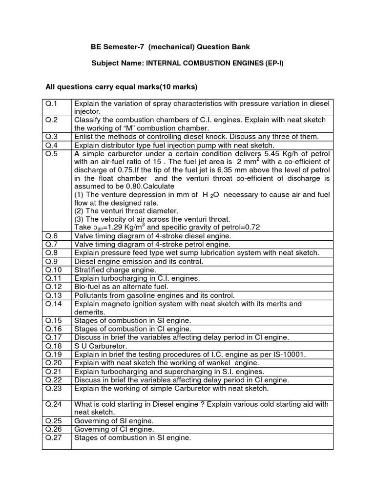 BE Semester-7 (Mechanical) Question Bank Subject Name:: Internal ...