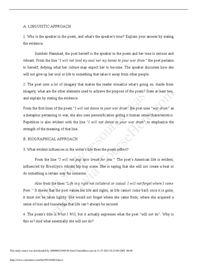 Understanding Sumhi Hammad's "What I Will | PDF | Poetry