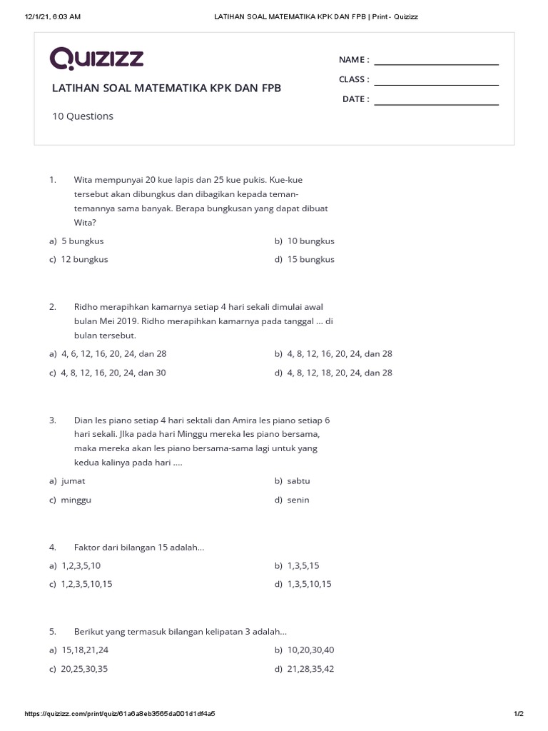 LATIHAN SOAL MATEMATIKA KPK DAN FPB - PG | PDF