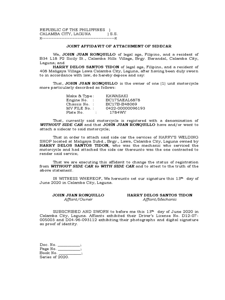 Affidavit of Attachment of Sidecar | PDF