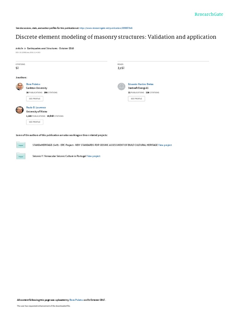 Discrete Element Modeling of Masonry Structures: Validation and Application | PDF | Strength Of ...