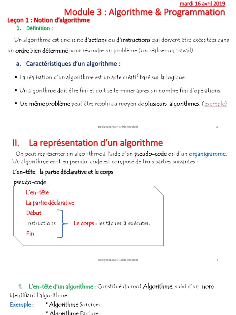 Algorithme Cours1 | PDF | Algorithmes | Variable (informatique)