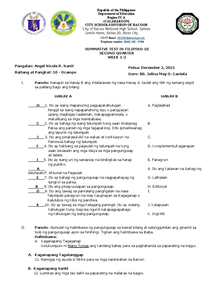 Summative Test 1 Filipino 10 Cantela | PDF