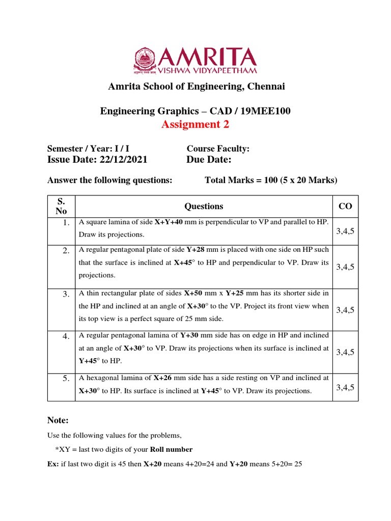 Assignment 2: Engineering Graphics - CAD / 19MEE100 | PDF | Dimension ...
