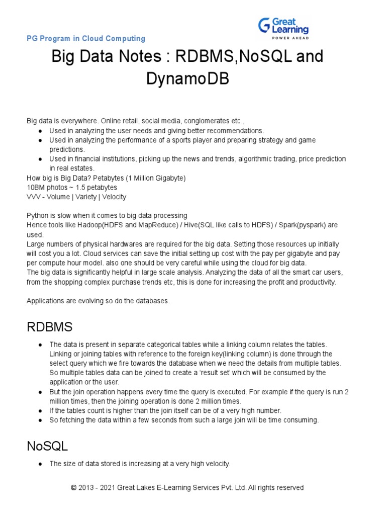Big Data - RDBMS, NoSQL and DynamoDB | PDF | Big Data | No Sql