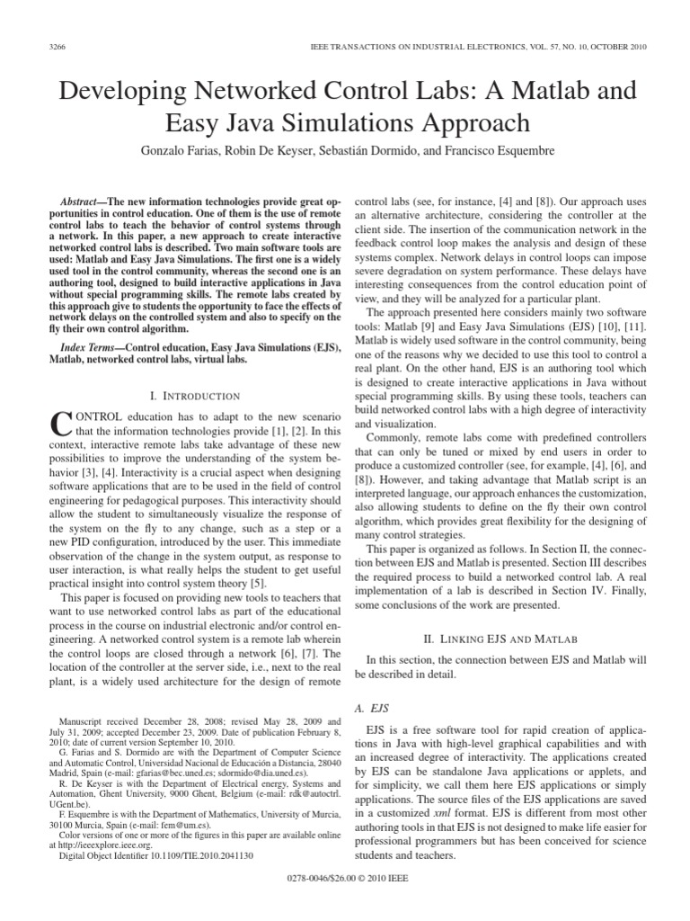 Developing Networked Control Labs: A Matlab and Easy Java Simulations ...