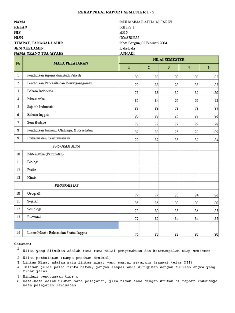 Format Rekapan Nilai Raport Semester 1-5 (Muhammad Adha Alfarizi) | PDF