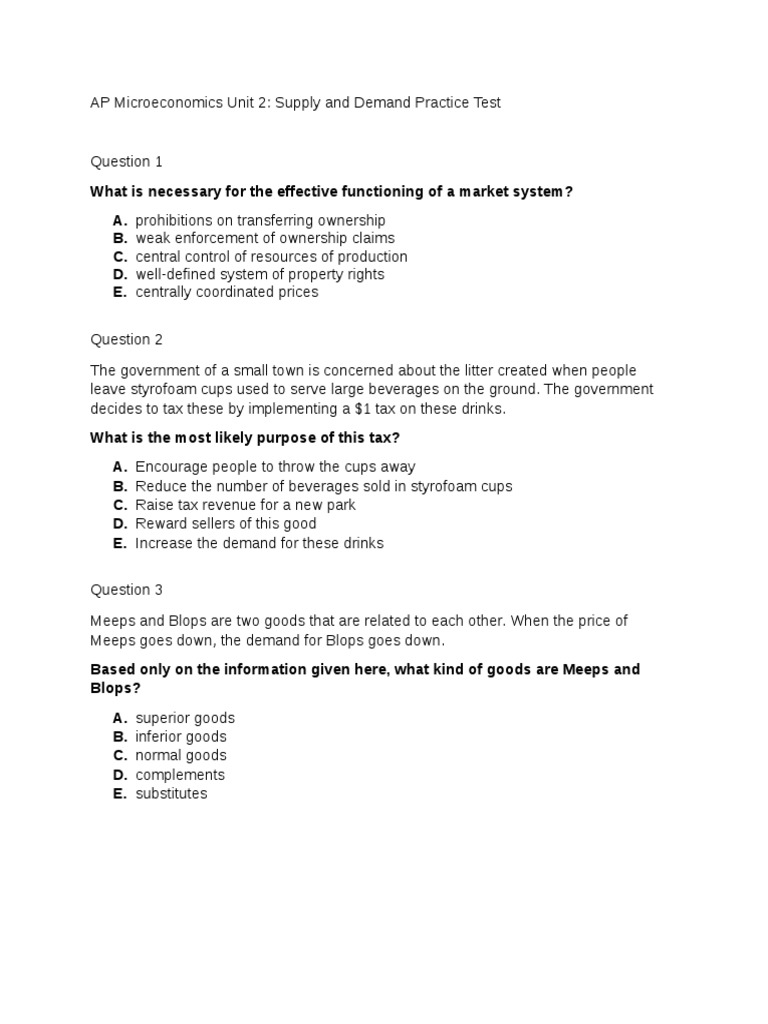 AP Microeconomics Unit 2 - Supply and Demand Practice Test | PDF ...