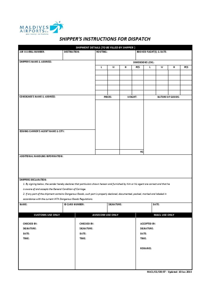 Shippers Instruction For Dispatch (SID) | PDF