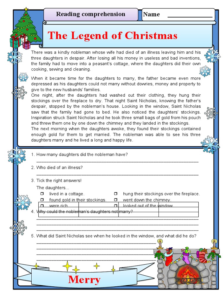 The Legend of Christmas Stockings: Reading Comprehension Name | PDF ...