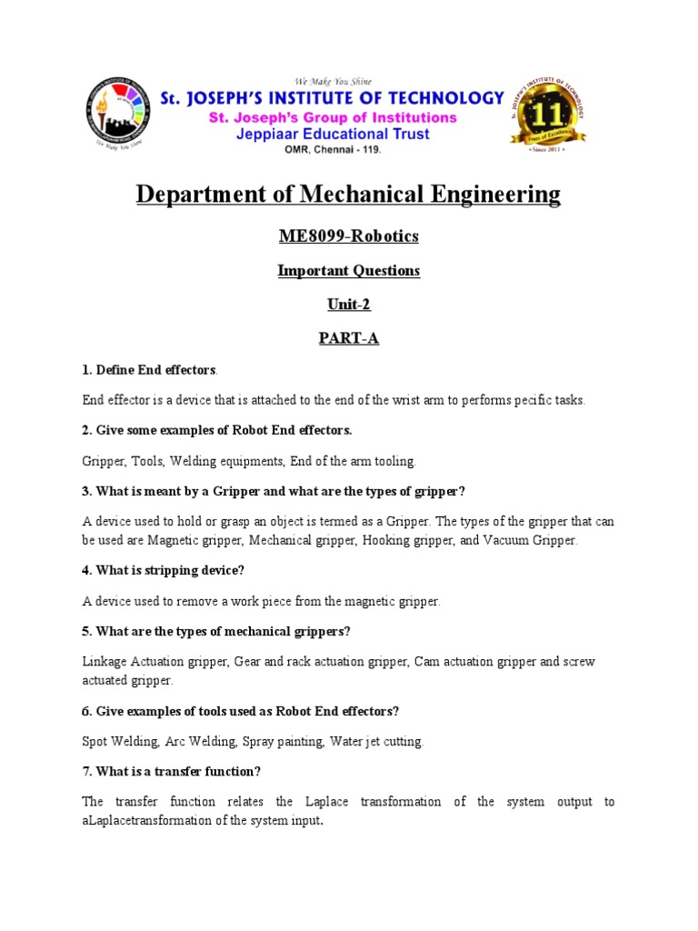 Robotics Unit-2 Important Questions | PDF | Actuator | Machines