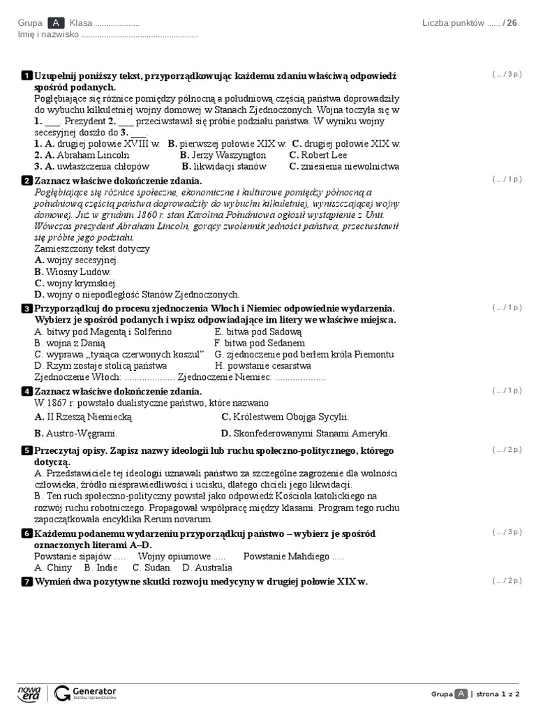 Sprawdzian Klasa 7 Historia | PDF