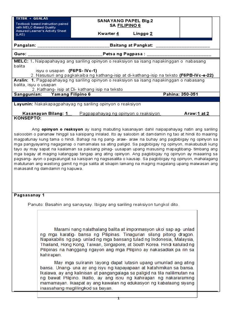 Las Q4 Filipino6 W2 | PDF