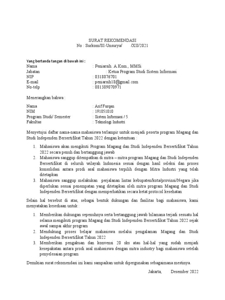Surat Rekomendasi Msib | PDF