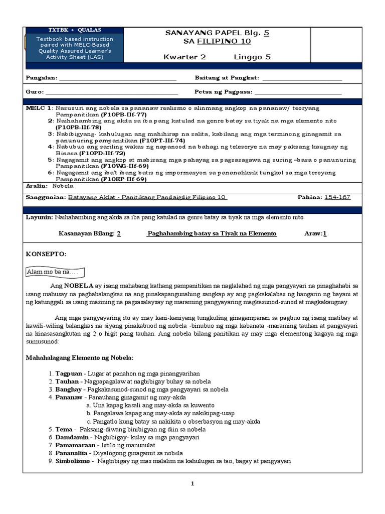 LAS - Q2 - Filipino 10 - W5 | PDF