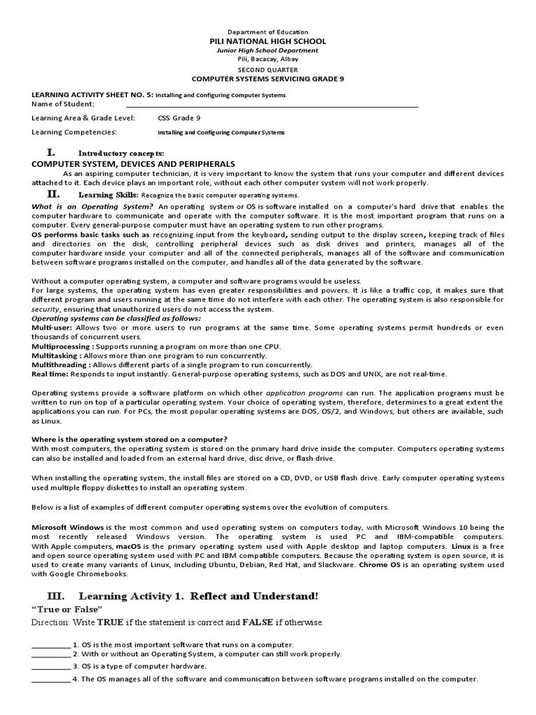 Learning Activity Sheet Grade 9 OS | PDF | Operating System | Microsoft ...