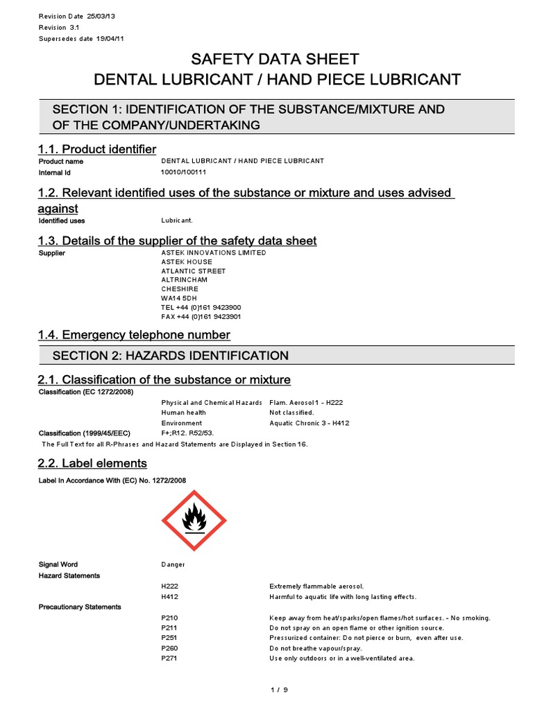 Oil Spray For Handpiece | PDF | Dangerous Goods | Toxicity