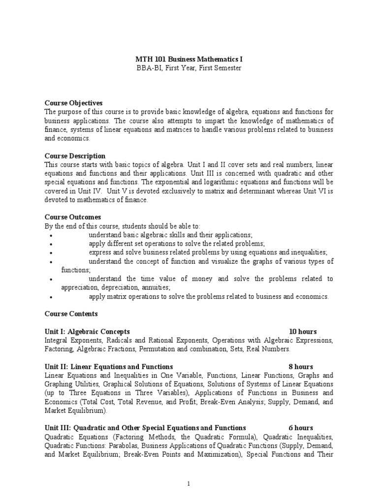 Business Mathematics Syllabus BBA 1st Year | PDF | Equations | Function ...