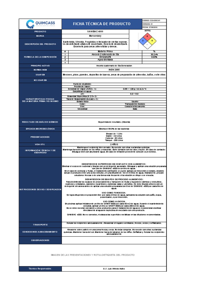 Cca Doc Ficha Tecnica Sanibac4000 | PDF | Agua | Detergente