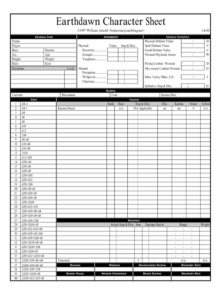 Ash's Earthdawn Character Sheet V4.30 - Character-V4.30 | PDF