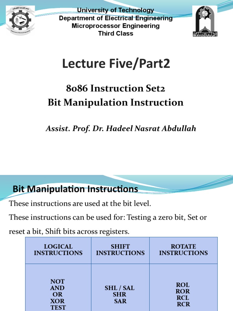 Lecture Five/Part2: 8086 Instruction Set2 Bit Manipulation Instruction | PDF | Theoretical ...