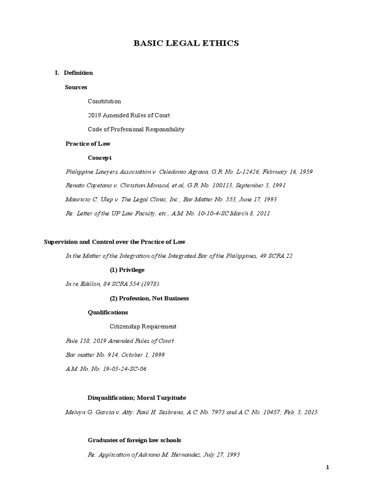Basic Legal Ethics: I. Definition Sources | PDF | Lawyer | Practice Of Law