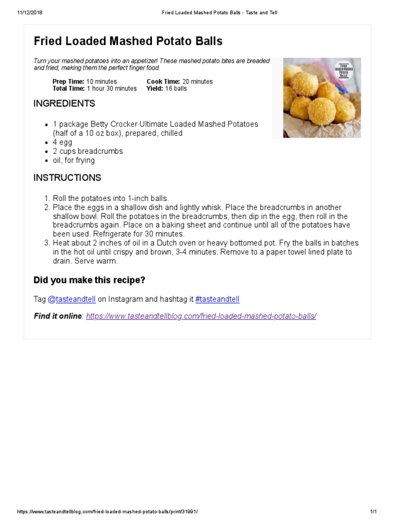 Fried Loaded Mashed Potato Balls - Taste and Tell | PDF | Cooking, Food ...